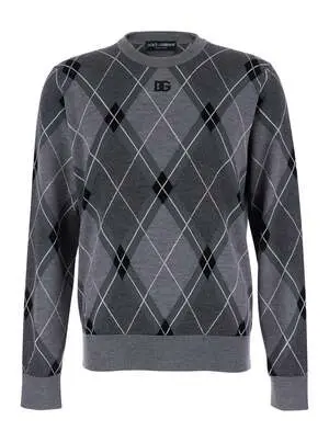 Dolce & Gabbana Grey Argyle Wool Blend Crew Neck Sweater - Multicolor