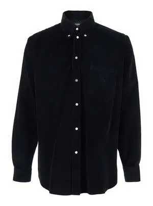 Fendi Shirt With Button-down Collar And Ff Embroidery On Front In Ribbed Cotton For - Black