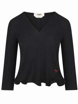 Fendi Ribbed V-neck Top With Ruffle Hem