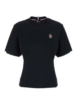 Moncler Black Tech Fabric Crew Neck T-shirt With Logo - Multicolor