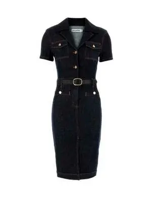 SELF-PORTRAIT Denim Midi Dress With V-neckline And Front Zip