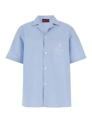 Gucci Light Bowling Shirt With Logo Embroidery On The Front And All-over Stripe Motif In For - Blue