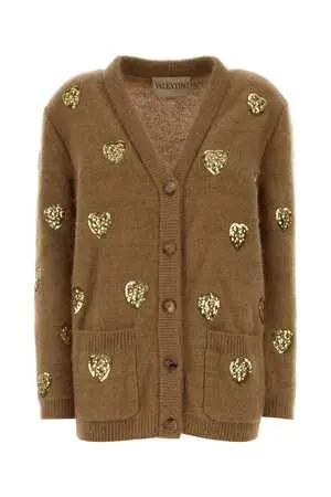 Valentino Garavani Camel Mohair Blend Oversize Cardigan With Heart Embellishments