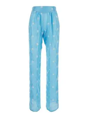 FORTE_FORTE Petite Fleurs Embroidery Silk Flared Pants - Blue
