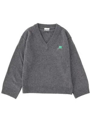 GANNI Oversize V-neck Logo Sweater - Gray
