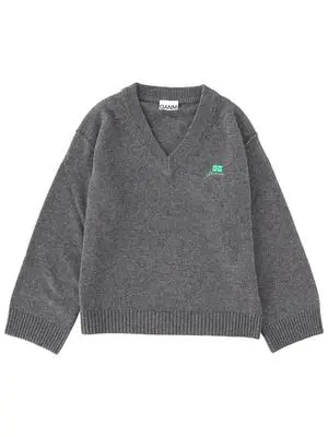 GANNI GANNI Oversize V-Neck Logo Sweater Gray