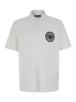 Balmain White Polo Shirt With Collar And Coin Print On The Front In Cotton - Multicolor