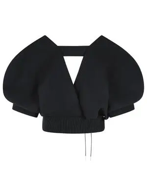 Sacai Cashmere Blend Top With Ribbed Trims And Front Laces