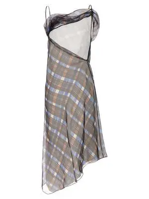 FERRAGAMO Asymmetrical Check Print Organza Dress