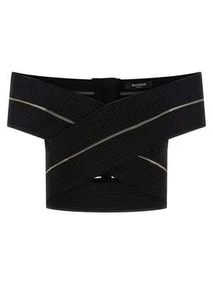 Balmain Off-the-shoulder Stretch Viscose Top With Mesh Inserts