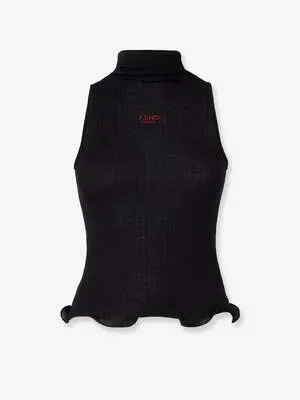 Fendi Ribbed Virgin Wool Turtleneck Sleeveless Top - Black