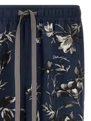 Dolce & Gabbana Peonie' Print Silk Twill Pants - Blue