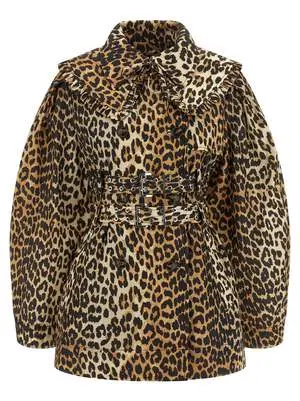 GANNI Leopard Duchesse Nylon Short Trench Coat - Brown