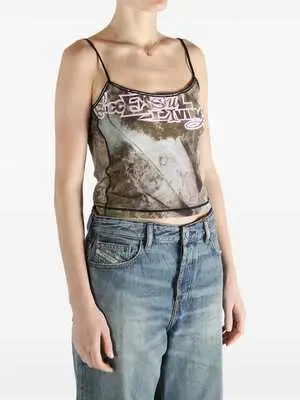 DIESEL® Graphic Print Top With Thin Shoulder Straps - Brown
