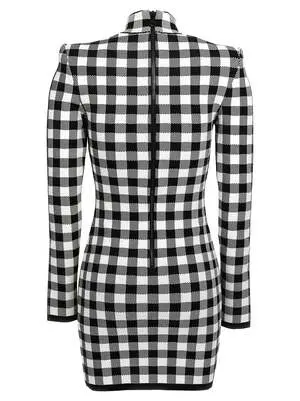 Balmain Vichy Knit Dress With High Neck And Long Sleeves
