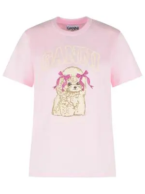 GANNI Cotton T-shirt With Puppy Graphic - Pink