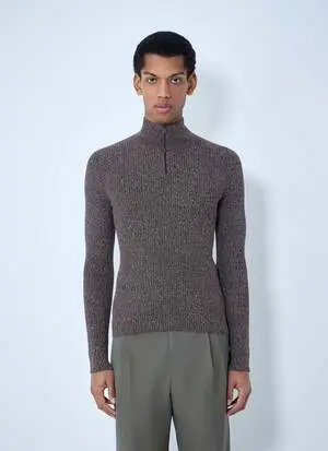 Prada High Neck Zip Sweater In Textured Cotton - Brown