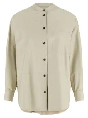 YVES SALOMON Leather Mandarin Collar Shirt - White
