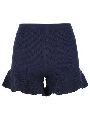 SELF-PORTRAIT High Waist Ribbed Shorts With Lace Ruffle Hem - Blue