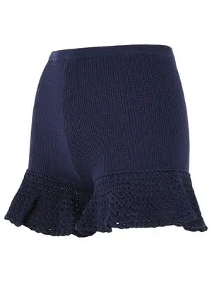 SELF-PORTRAIT High Waist Ribbed Shorts With Lace Ruffle Hem - Blue