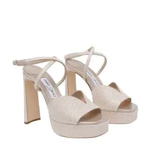 JIMMY CHOO Karli Glittered Fabric Block Heel Sandals - Gold