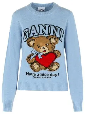 GANNI Light Wool Blend Sweater With Graphic Pattern - Blue