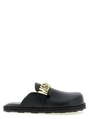 Moschino Leather Sabots With Logo Strap - Black