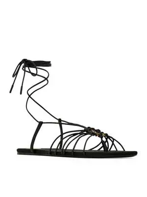 Saint Laurent Babylone Smooth Leather Sandals With Ankle Bow Fastening - Multicolor