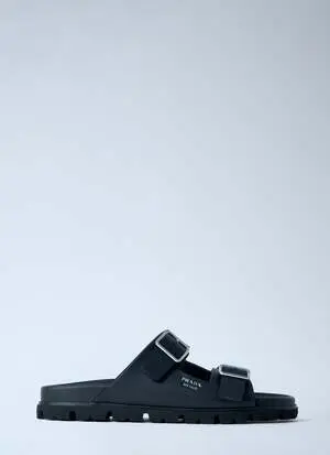 Prada Double Strap Rubber Slides With Adjustable Buckle - Black