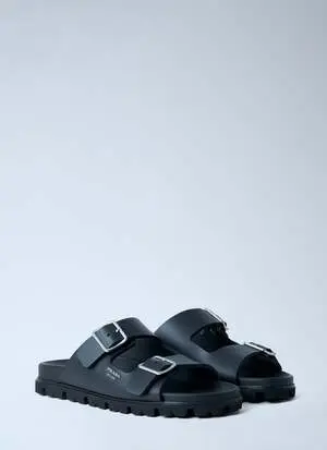 Prada Double Strap Rubber Slides With Adjustable Buckle - Black