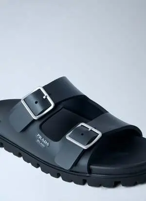 Prada Double Strap Rubber Slides With Adjustable Buckle - Black