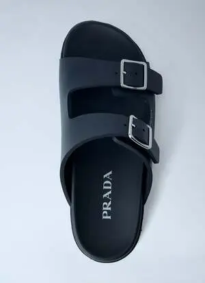 Prada Double Strap Rubber Slides With Adjustable Buckle - Black