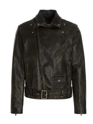GOLDEN GOOSE Distressed Leather Biker Jacket With Belt