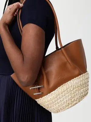 TOD'S Two-tone Leather And Raffia Small Shopping Bag - Brown