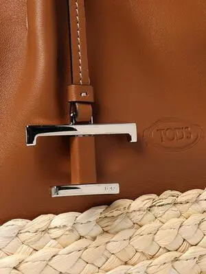 TOD'S Two-tone Leather And Raffia Small Shopping Bag - Brown