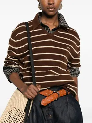Miu Miu Embroidered Striped Stretch Cotton Blend Polo Shirt
