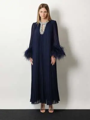 SELF-PORTRAIT Navy Ostrich Feather Trimmed Pleated Dress