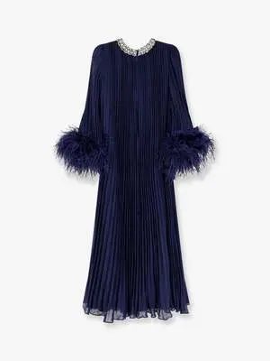 SELF-PORTRAIT Navy Ostrich Feather Trimmed Pleated Dress