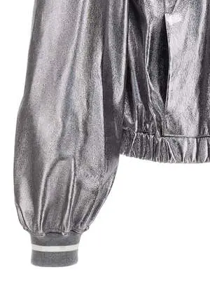 Brunello Cucinelli Laminated Leather Bomber Jacket - Silver