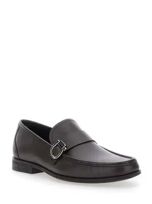 FERRAGAMO Leather Loafers With Gancini Detail - Brown