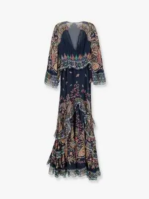Etro Silk Long Dress With Flared 3/4 Sleeves And Ruffled Bottom