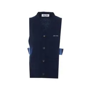Miu Miu Embroidered Logo V-neck Cashmere Vest - Blue