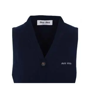 Miu Miu Embroidered Logo V-neck Cashmere Vest - Blue