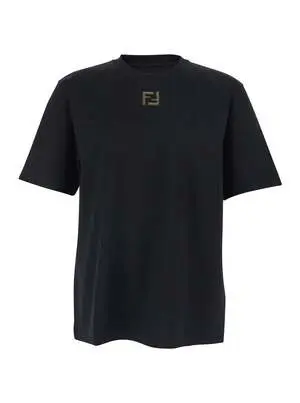 Fendi Crewneck T-shirt With Ff Embroidery On The Front In Cotton - Black