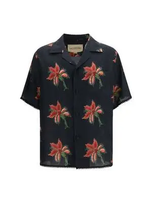 Valentino Garavani Papier Floral Print Linen Bowling Shirt - Black