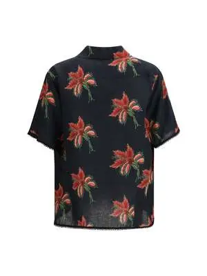 Valentino Garavani Papier Floral Print Linen Bowling Shirt - Black