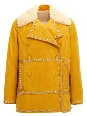 WALES BONNER Time' Double-breasted Suede Jacket With Stud Embellishments - Yellow