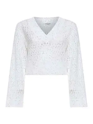 Brunello Cucinelli White Linen Sequin Embellished Openwork Knit Sweater - Multicolor