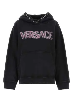 Versace Cotton Oversize Sweatshirt With Embellished Hood - Black