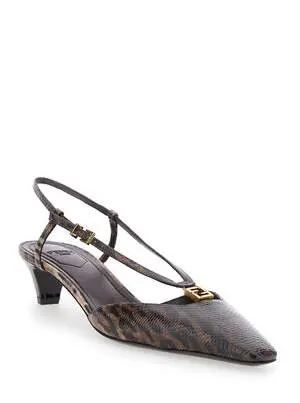 Fendi Leather Slingback Pumps With Square Toe And Animalier Motif - Brown